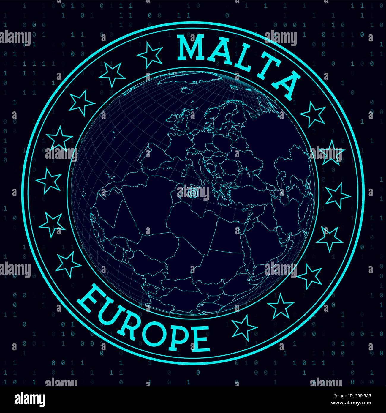 MALTA round sign. Futuristic satellite view of the world centered to ...