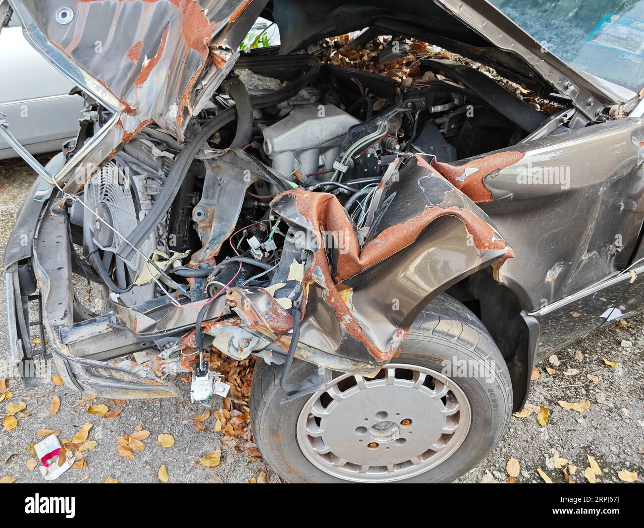 unrecognizable and wrecked cars beyond repair left at the isolated junk ...