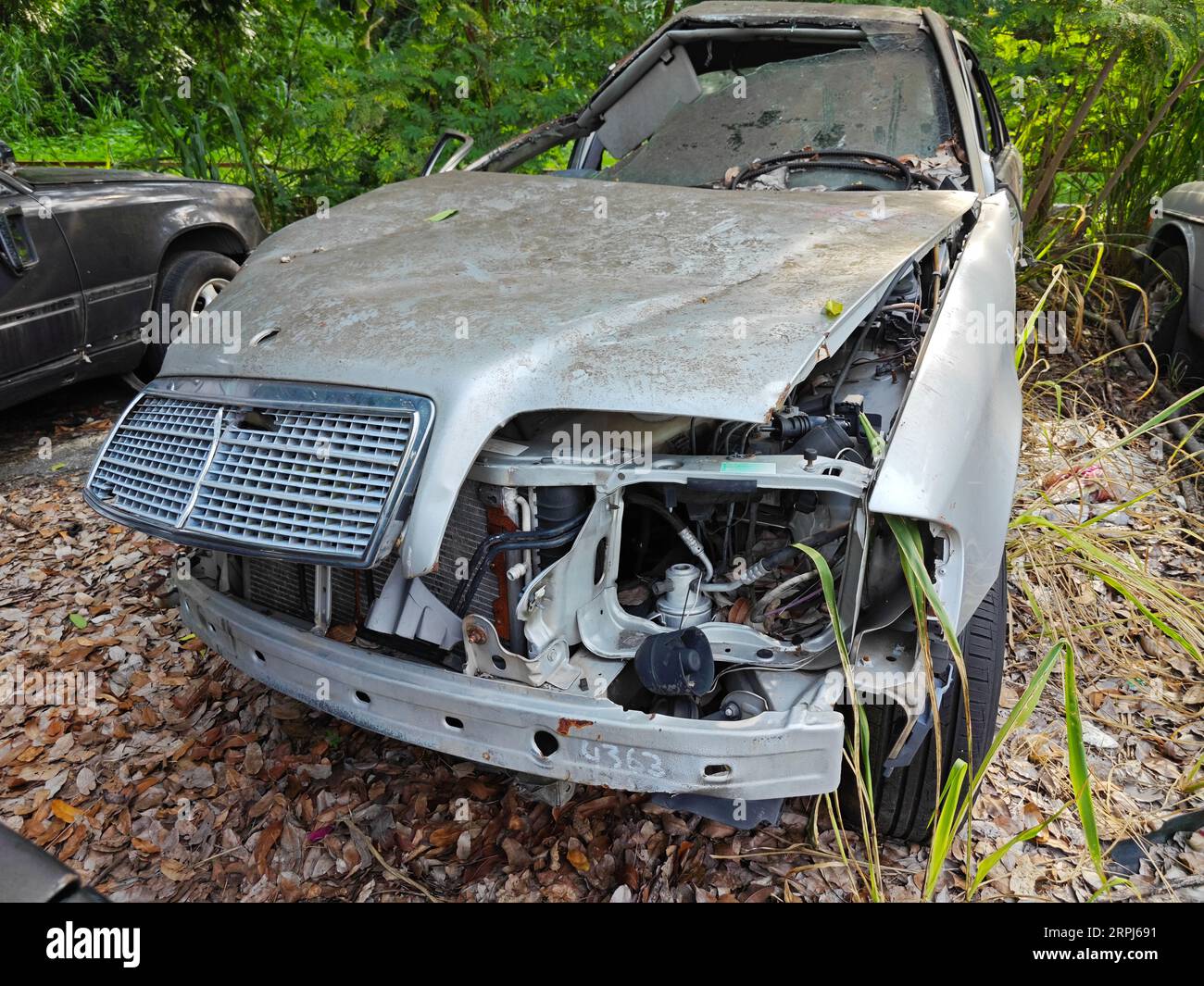 unrecognizable and wrecked cars beyond repair left at the isolated junk ...