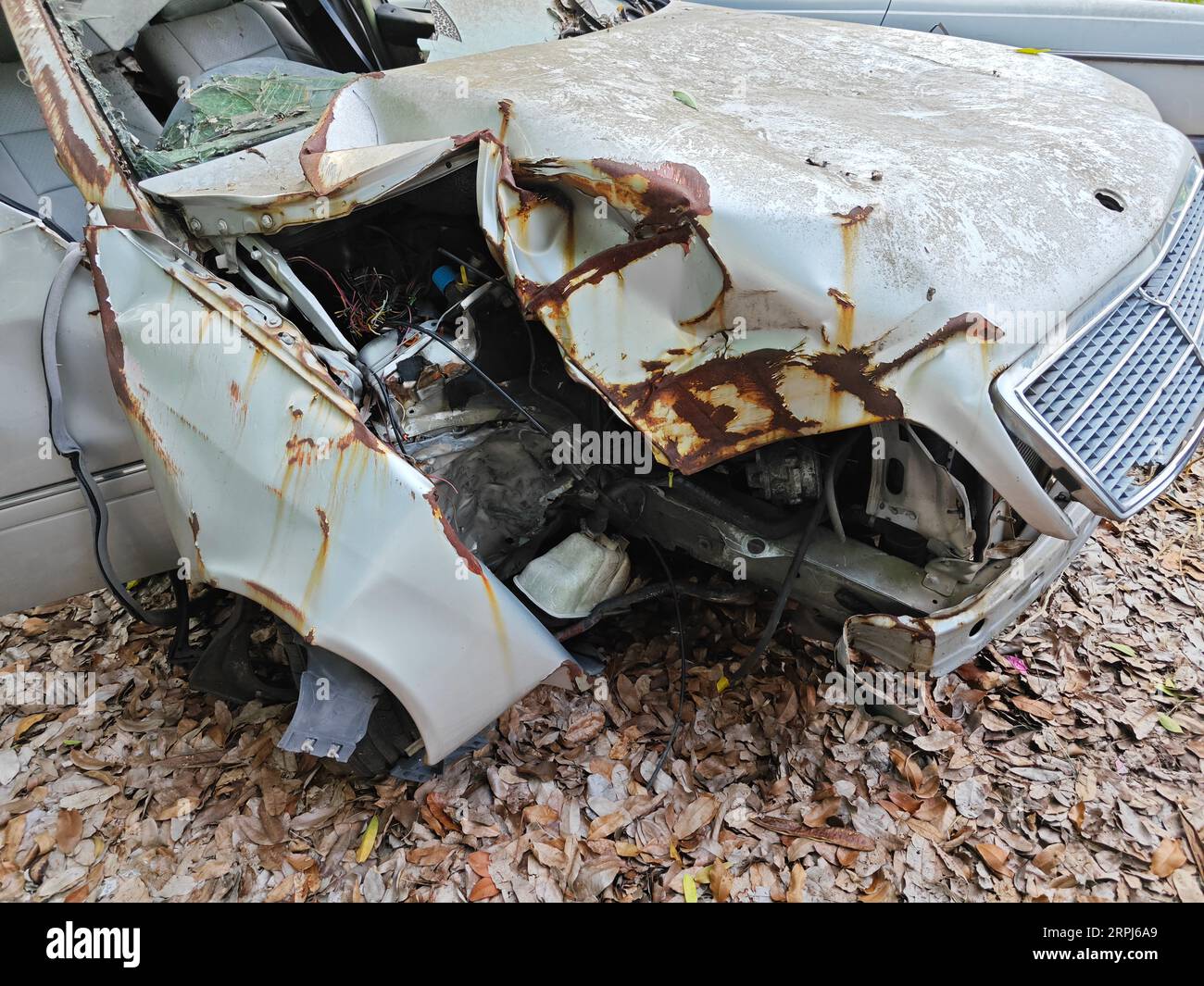 unrecognizable and wrecked cars beyond repair left at the isolated junk ...
