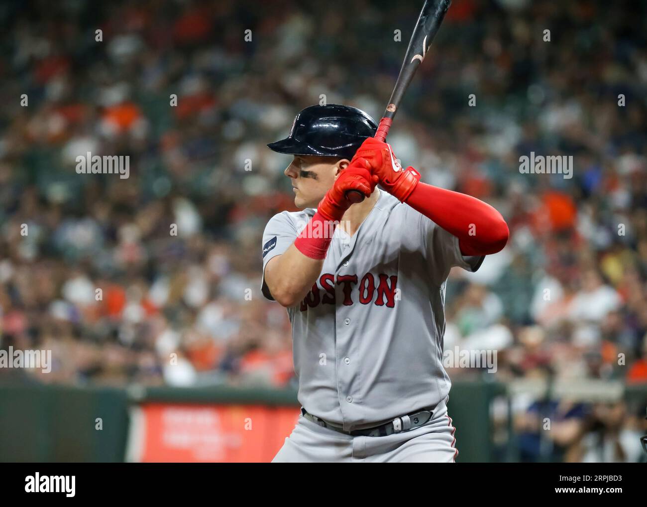 HOUSTON, TX - AUGUST 21: Boston Red Sox catcher Reese McGuire (3) watches the pitch in the top ...
