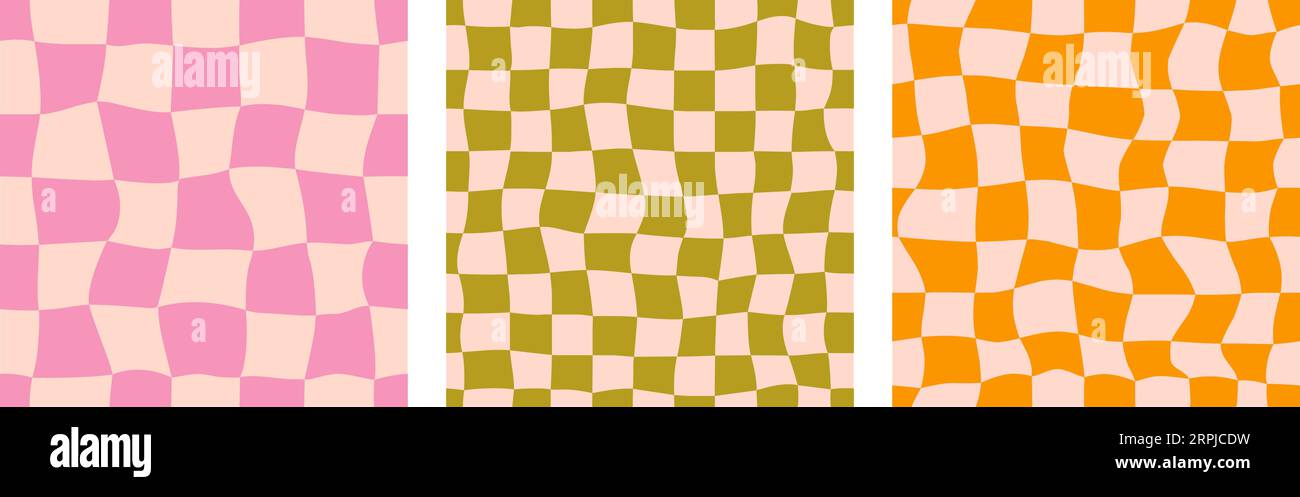 Groovy seamless checkerboard background set. Repeating retro wavy checkered pattern collection ...