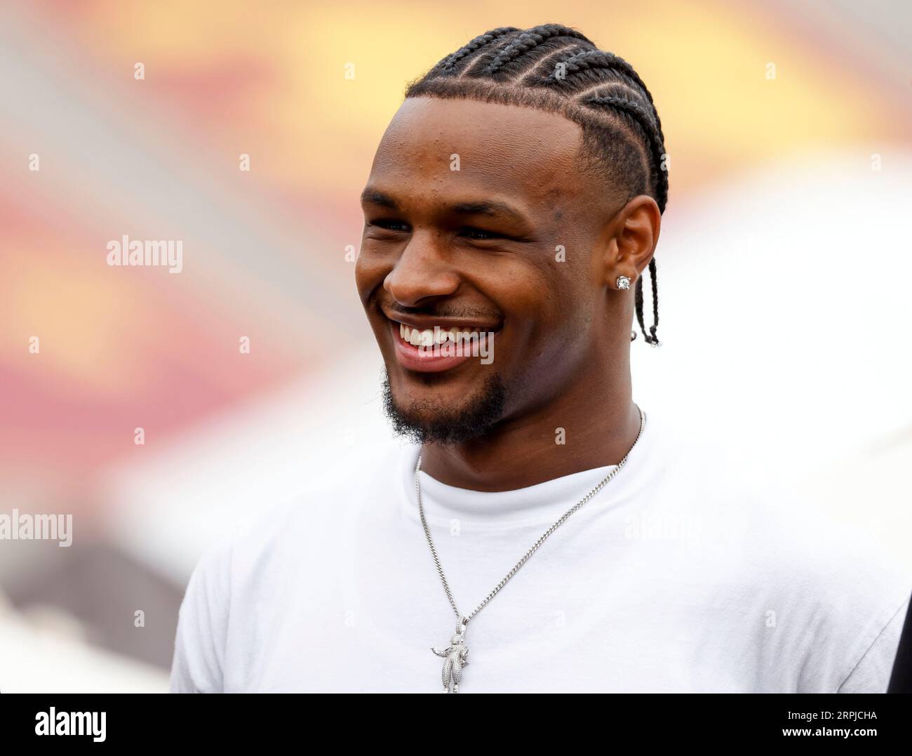 September 02, 2023 USC basketball player Bronny James watches on during ...