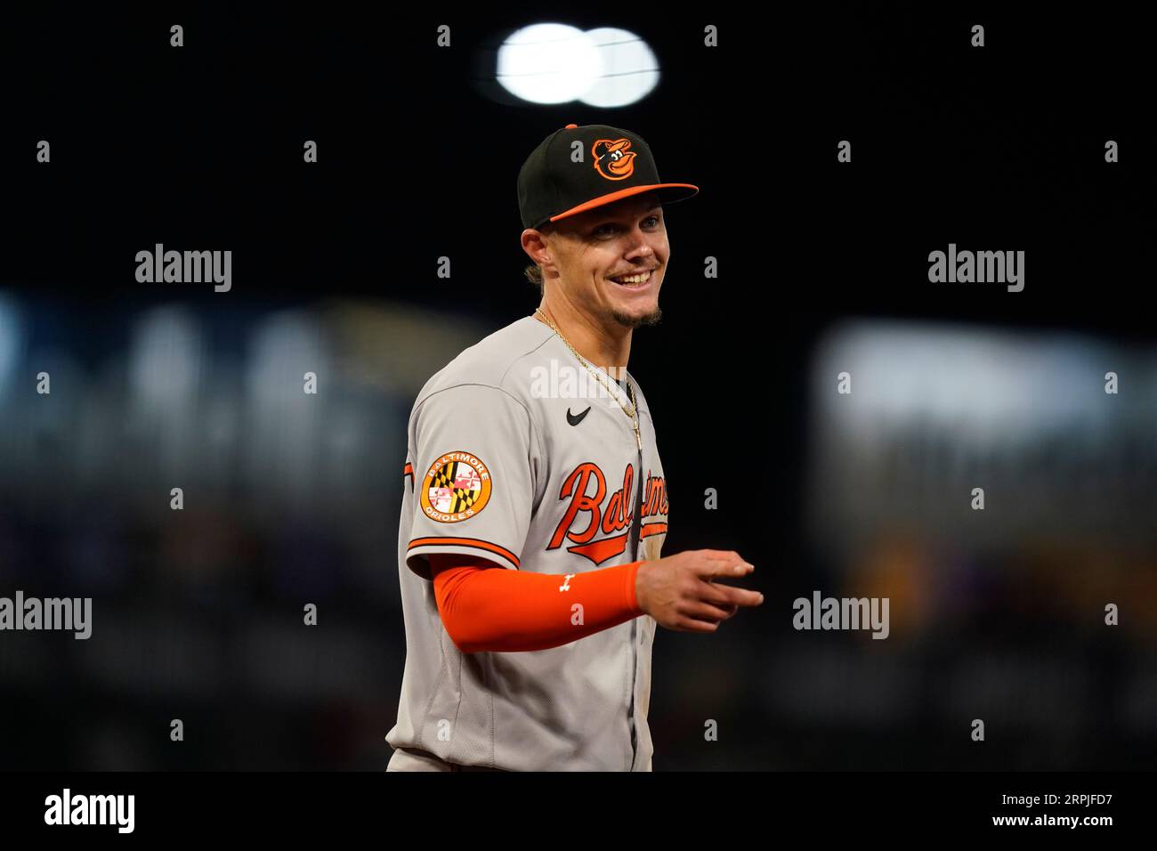 Baltimore Orioles first baseman Ryan Mountcastle talks to an umpire ...