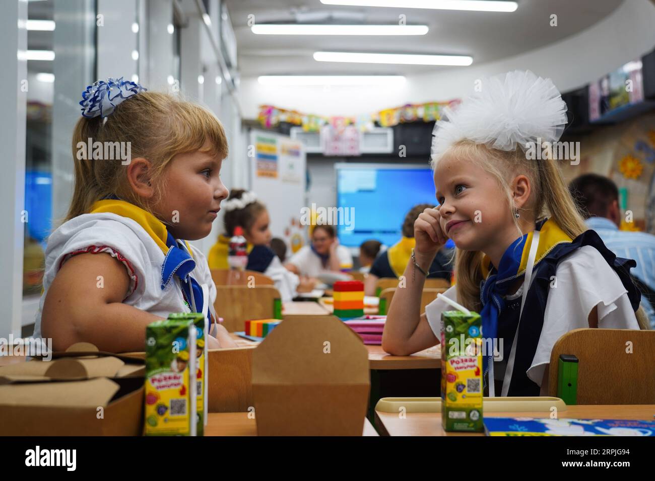 Kharkiv, Ukraine. 04th Sep, 2023. Two girls are taking a break during ...