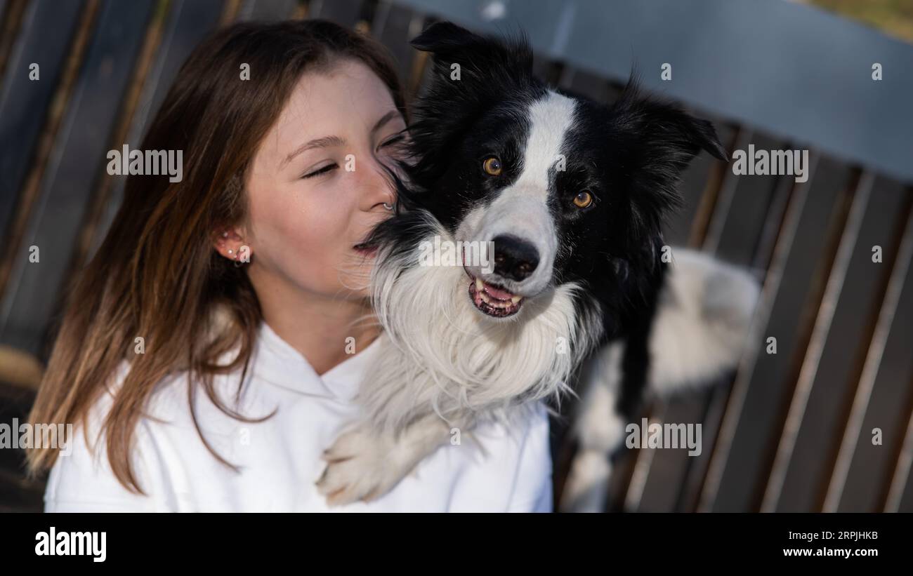 Caucasian woman hugging her dog Border Collie while sitting on a bench ...