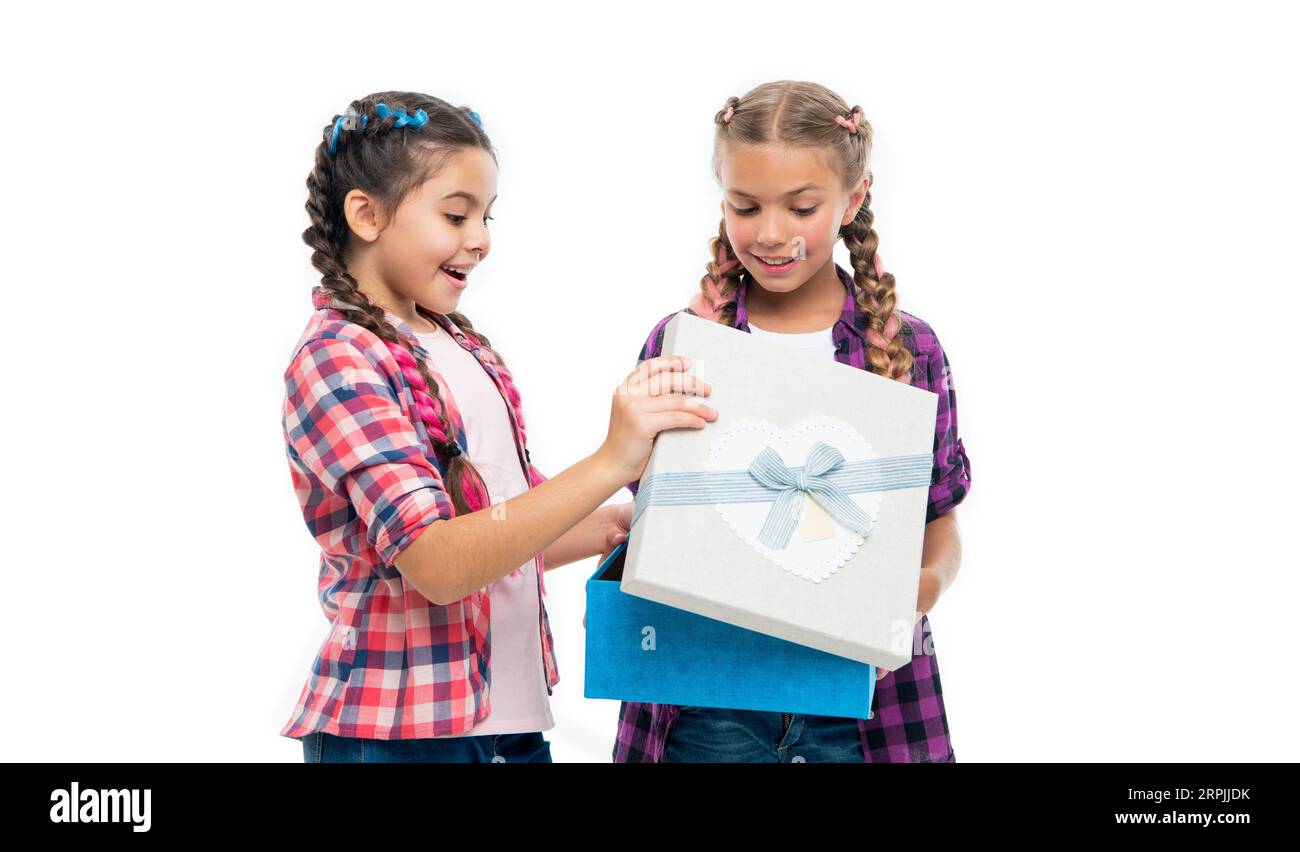 children girls sharing gift. gift to friend. gift box from shopping ...