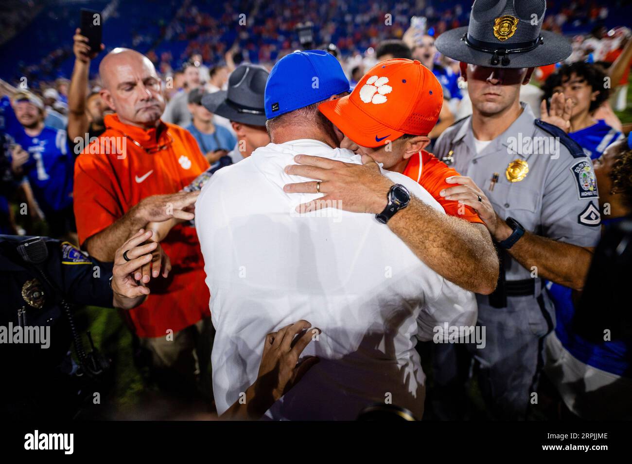 September 4, 2023: Duke Blue Devils head coach Mike Elko hugs Clemson ...