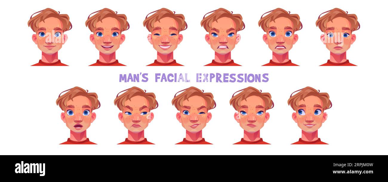 Young guy facial expression cartoon vector set. Adult man face with ...