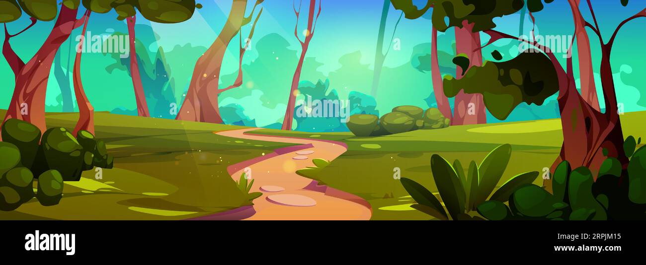Footpath in green summer forest. Vector cartoon illustration of bright ...