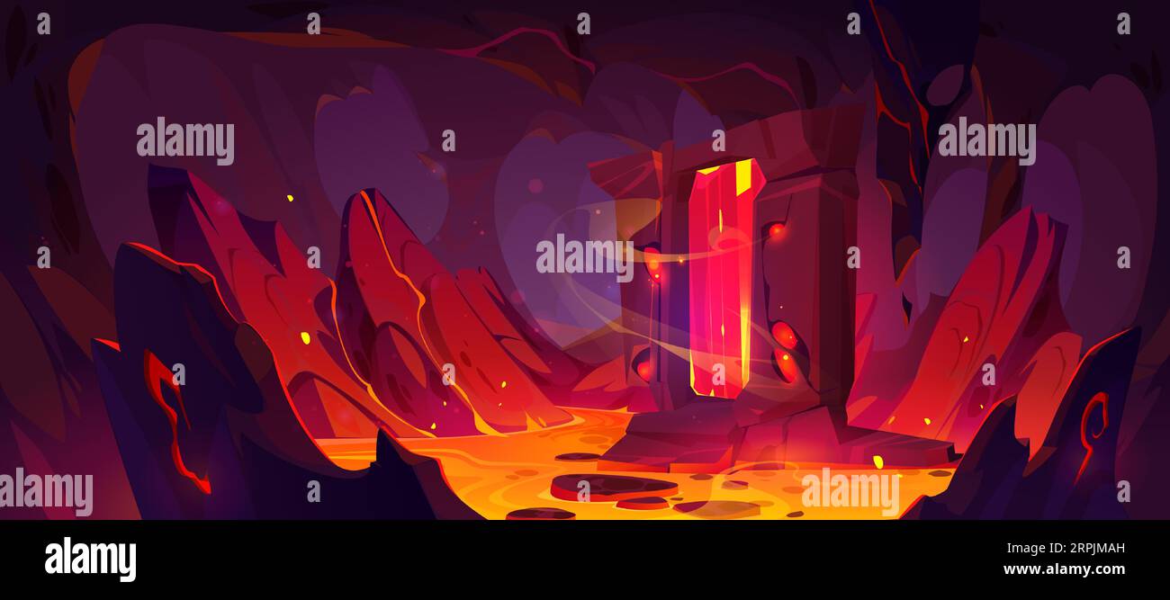 Magic stone portal and lava inside volcano. Vector cartoon illustration ...