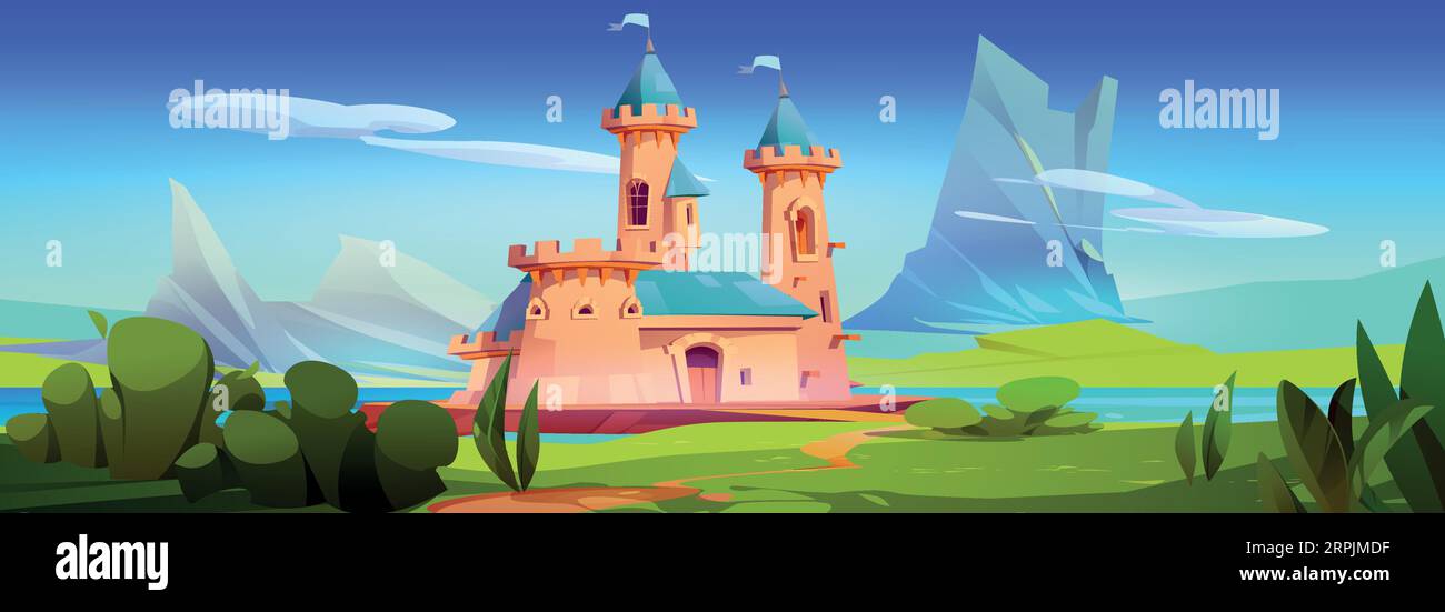 Magic princess castle cartoon fairytale vector illustration. Fantasy ...