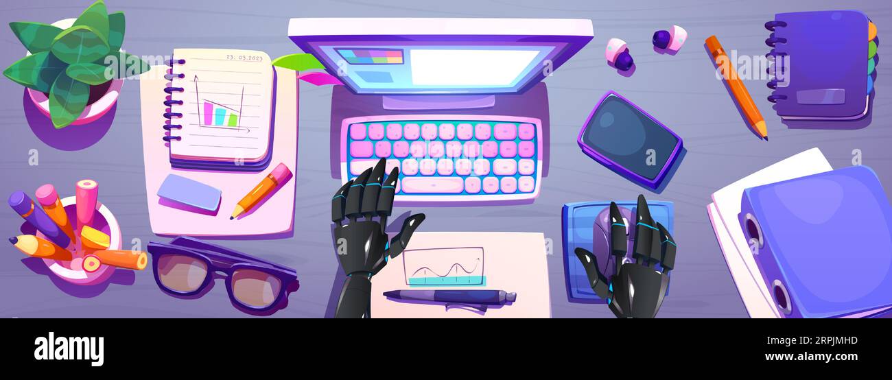 Ai robot typing in office desktop table top view vector background. Desk workspace with computer ...