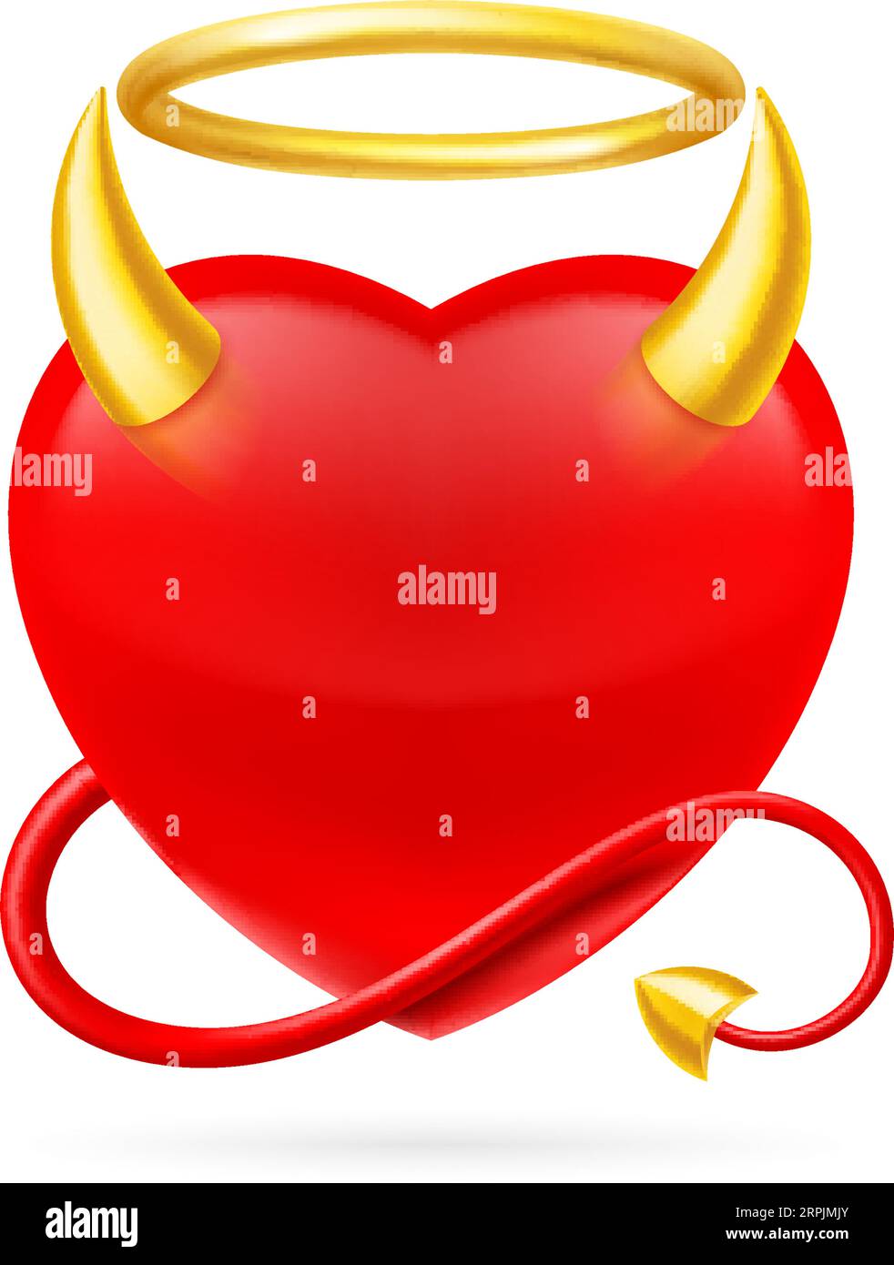Red Heart with Golden Horns, Nimbus, and Devil Tail. Cute Cartoon Style ...