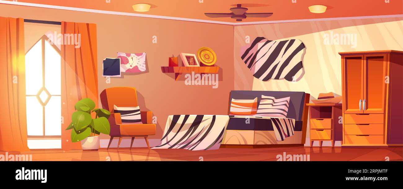 Hotel bedroom interior cartoon background vector. Zebra print blanket ...