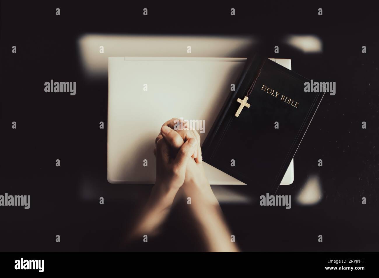 Christian background with sunlight, window shadows, hands together in ...