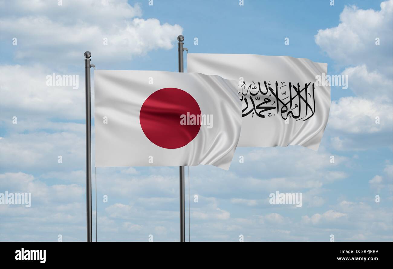 Japan flag and Afghanistan flag waving together in the wind on blue sky ...