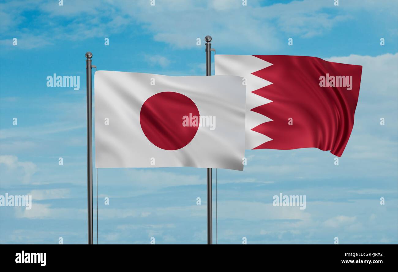 Bahrain flag and Japan flag waving together on blue sky, two country ...
