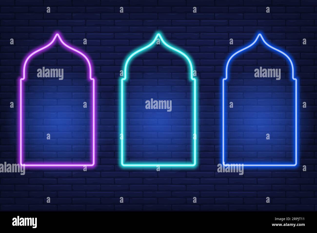 Neon Ramadan islamic frame. Vector arch shapes on dark background ...