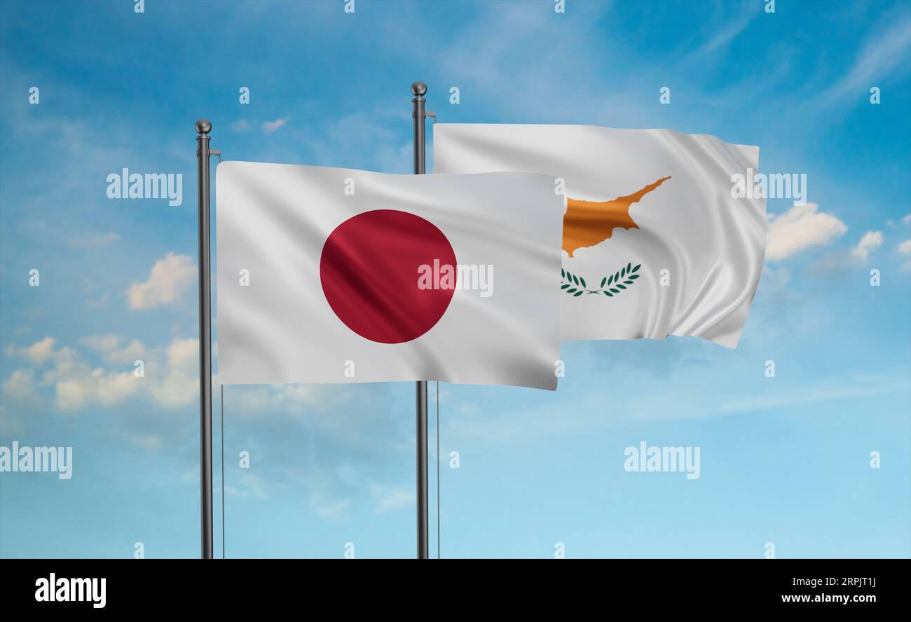 Cyprus flag and Japan flag waving together on blue sky, two country ...