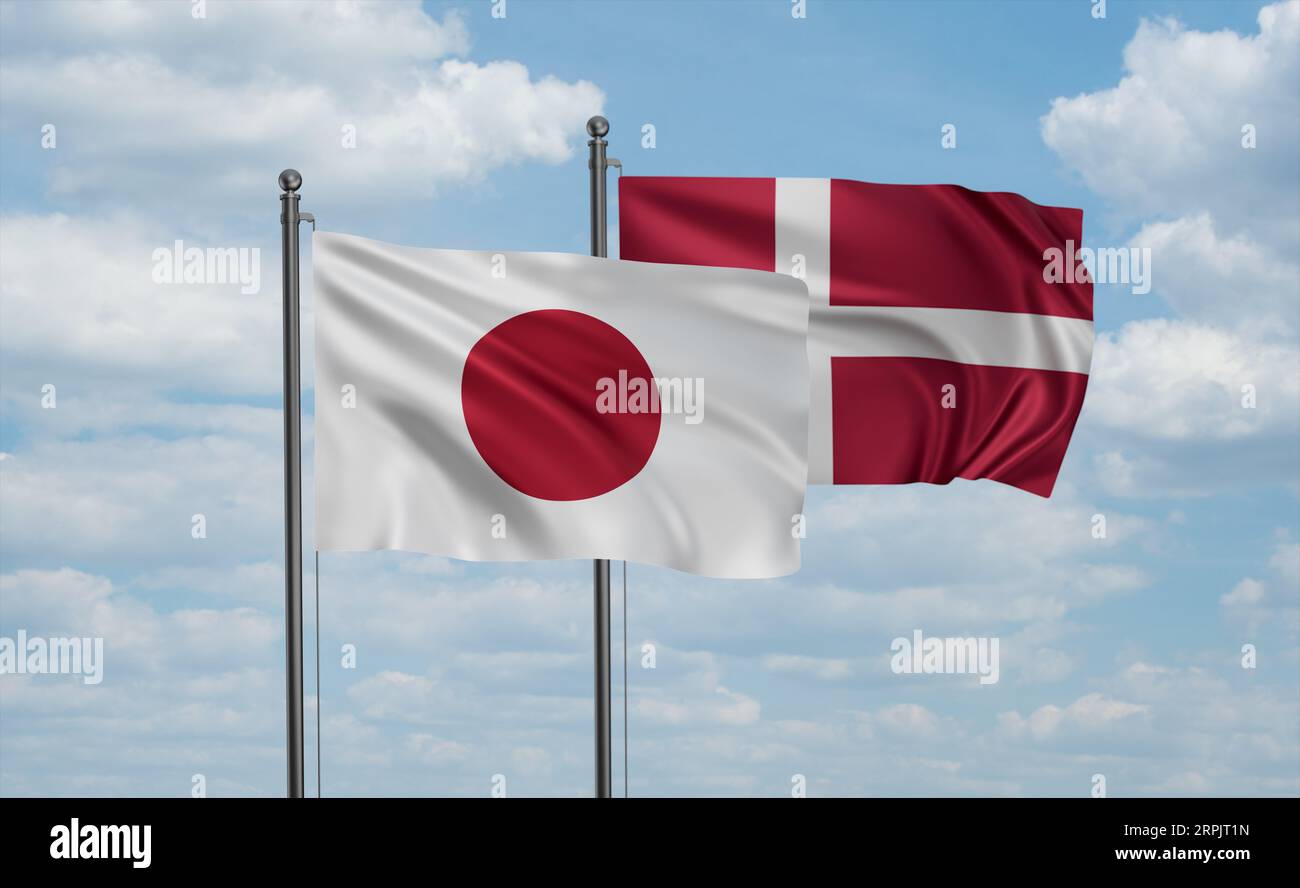 Denmark flag and Japan flag waving together on blue sky, two country ...