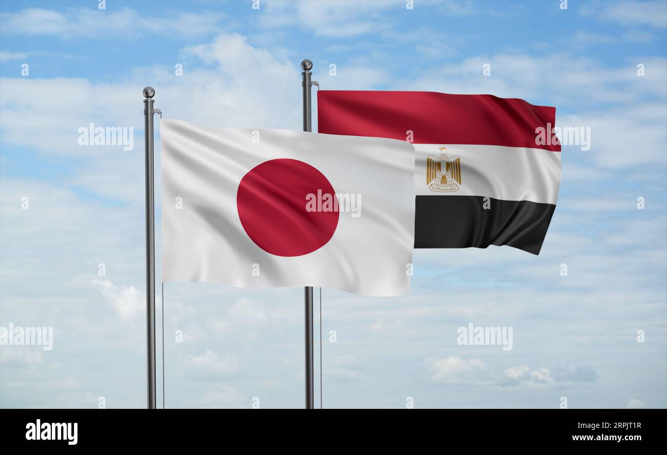 Egypt flag and Japan flag waving together on blue sky, two country ...