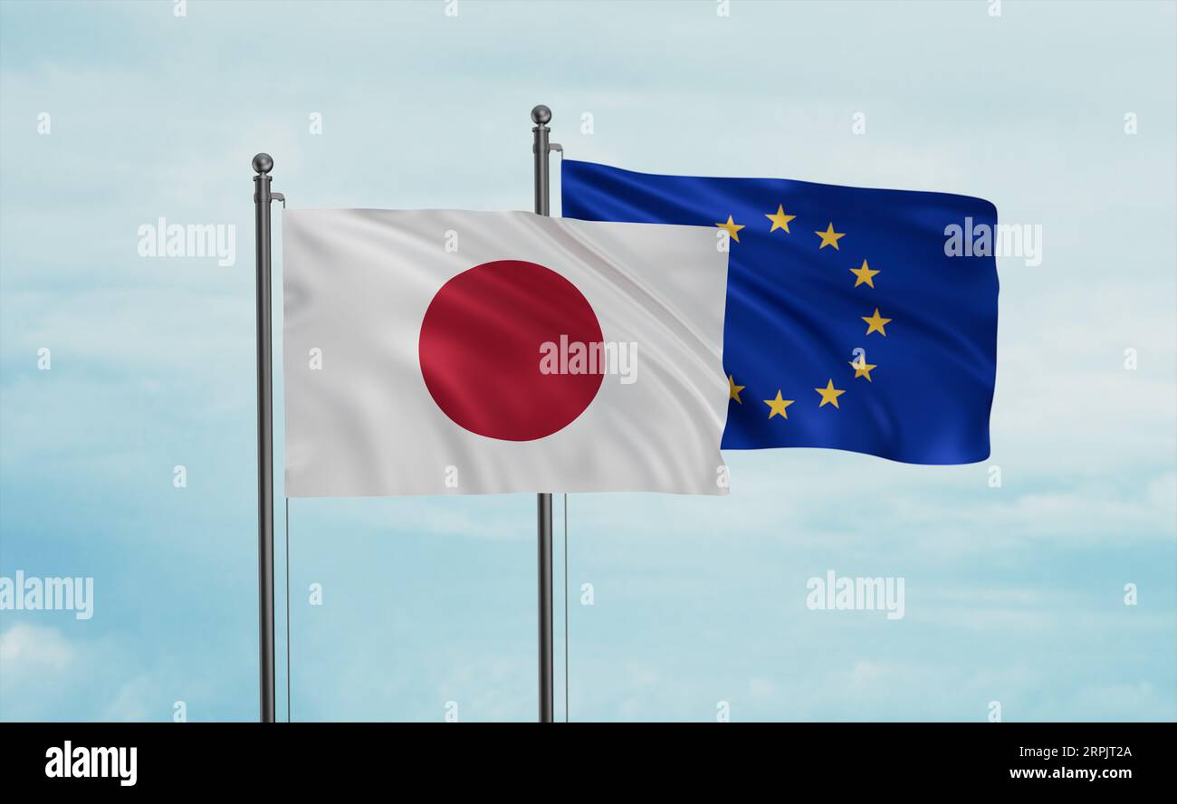 European Union and Japan flag waving together in the wind on blue sky ...