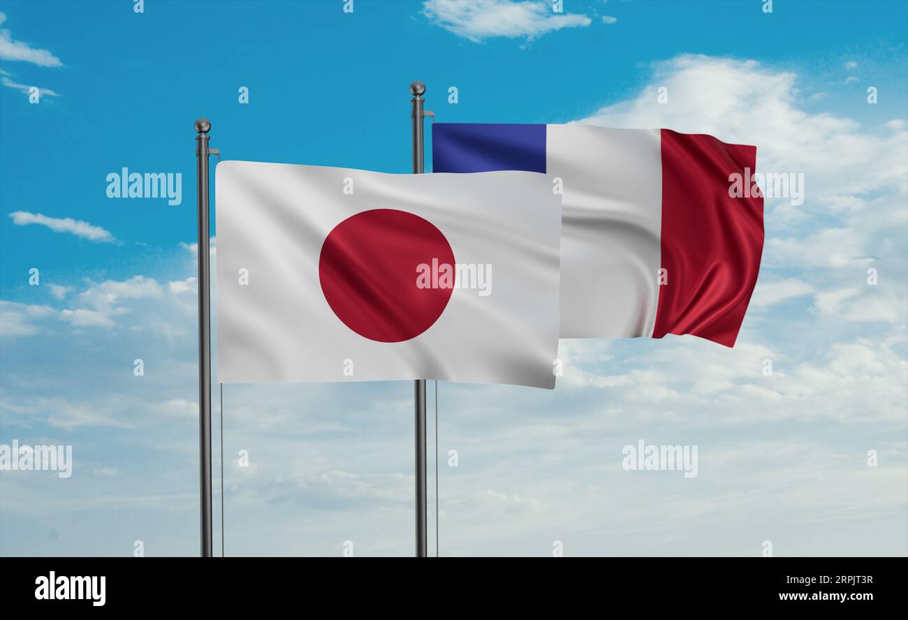 Japan and France flags waving together on blue sky, two country ...