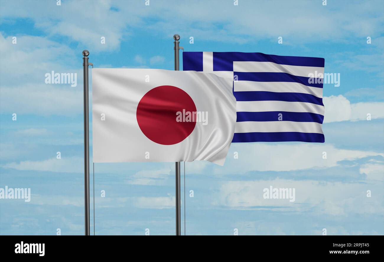 Greece flag and Japan flag waving together on blue sky, two country ...