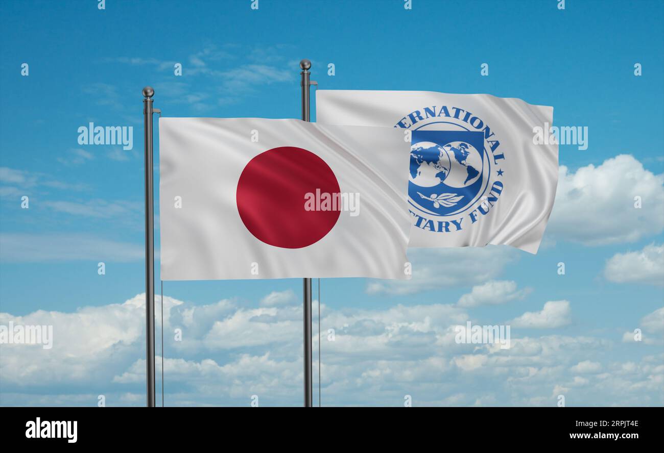 IMF International Monetary Fund flag and Japan flag waving together on ...