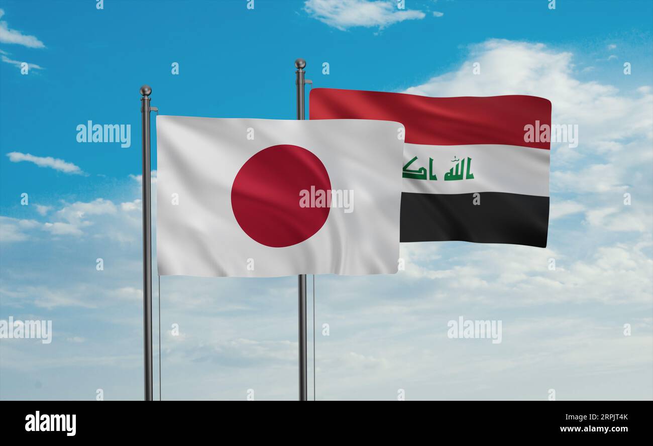 Iraq flag and Japan flag waving together on blue sky Stock Photo - Alamy
