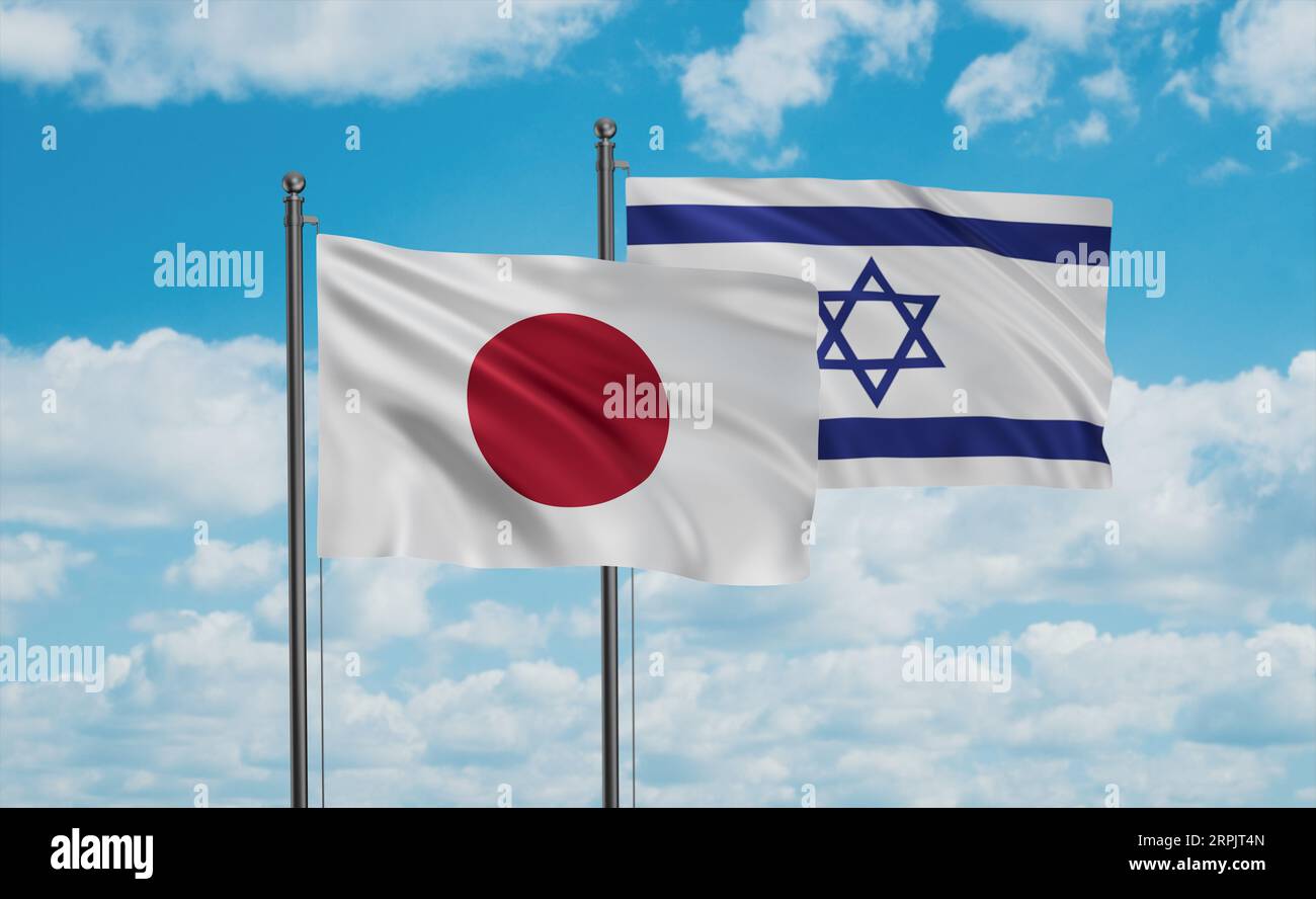 Israel flag and Japan flag waving together on blue sky, two country ...