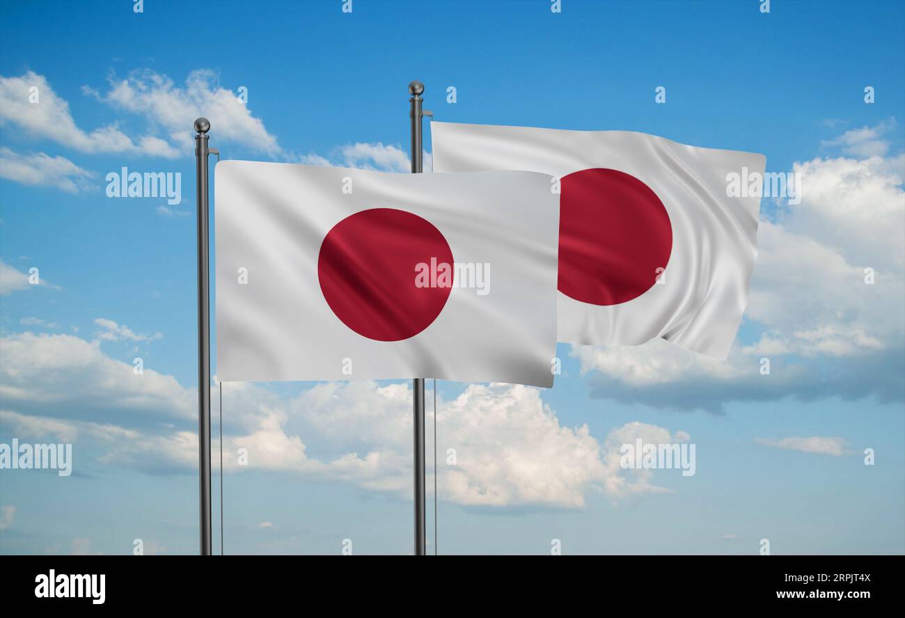 Two Japan flags waving together on blue sky, two country cooperation ...