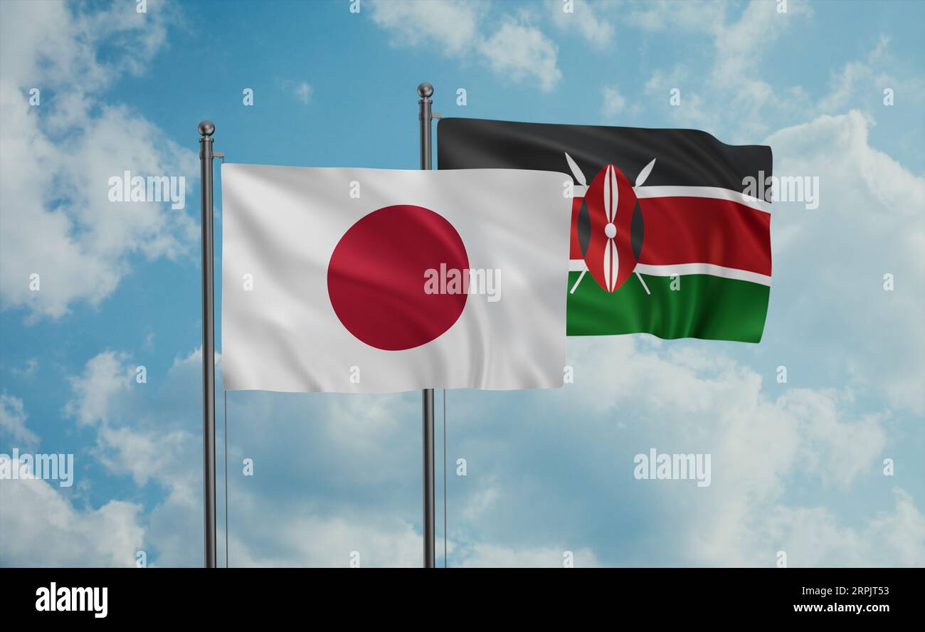 Kenya flag and Japan flag waving together on blue sky, two country ...