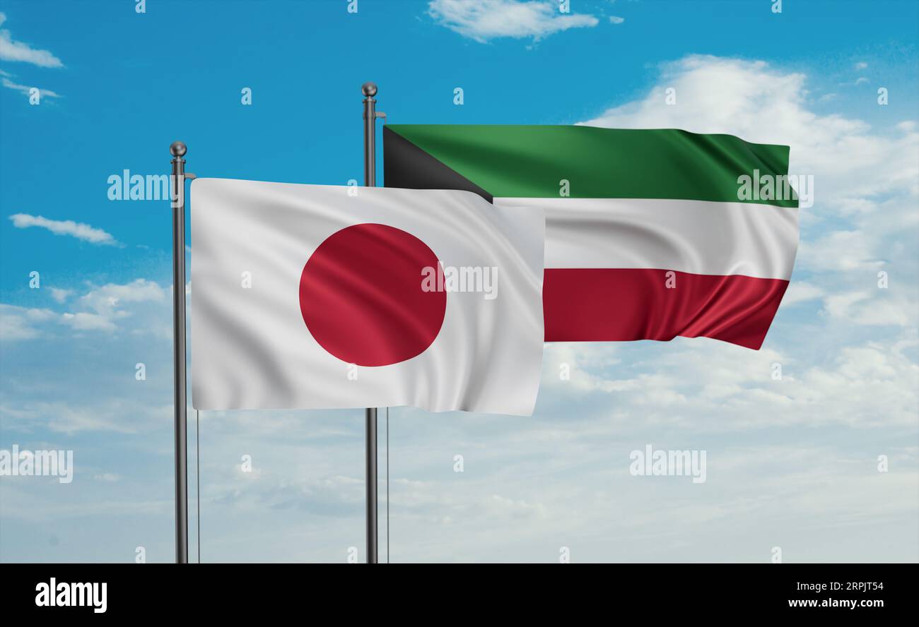 Kuwait and Japan flag waving together in the wind on blue sky, two ...