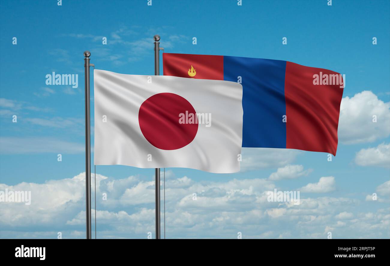 Mongolia and Japan flag waving together in the wind on blue sky, two ...