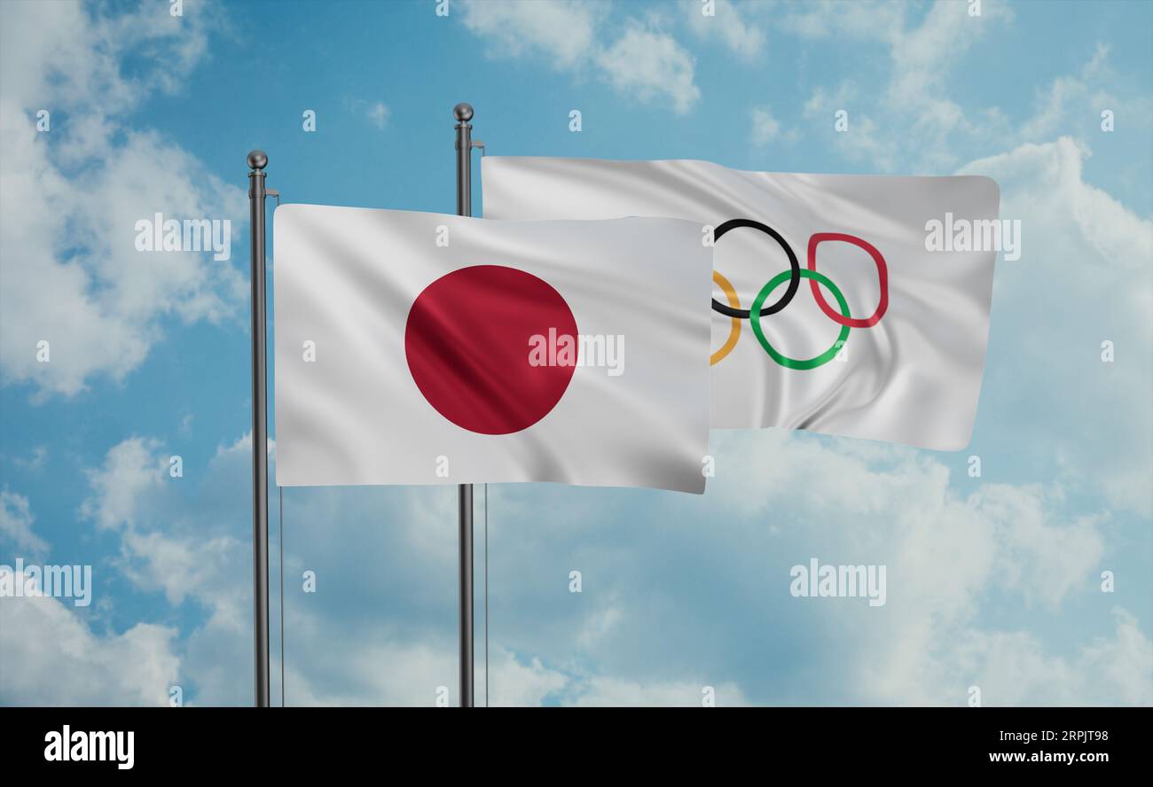 Olympic Games and Japan flag waving together in the wind on blue sky ...