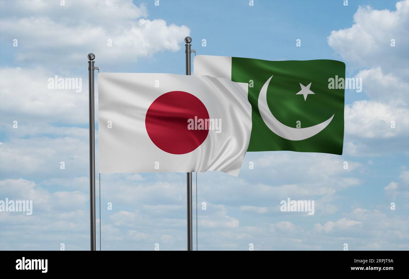Pakistan flag and Japan flag waving together on blue sky, two country ...