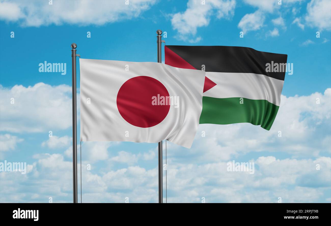 Palestine and Gaza Strip flag and Japan flag waving together on blue ...