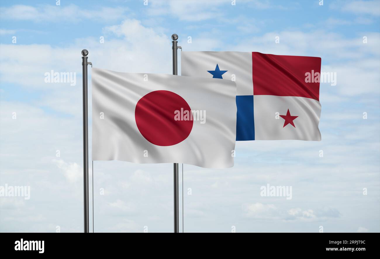 Panama flag and Japan flag waving together on blue sky, two country ...