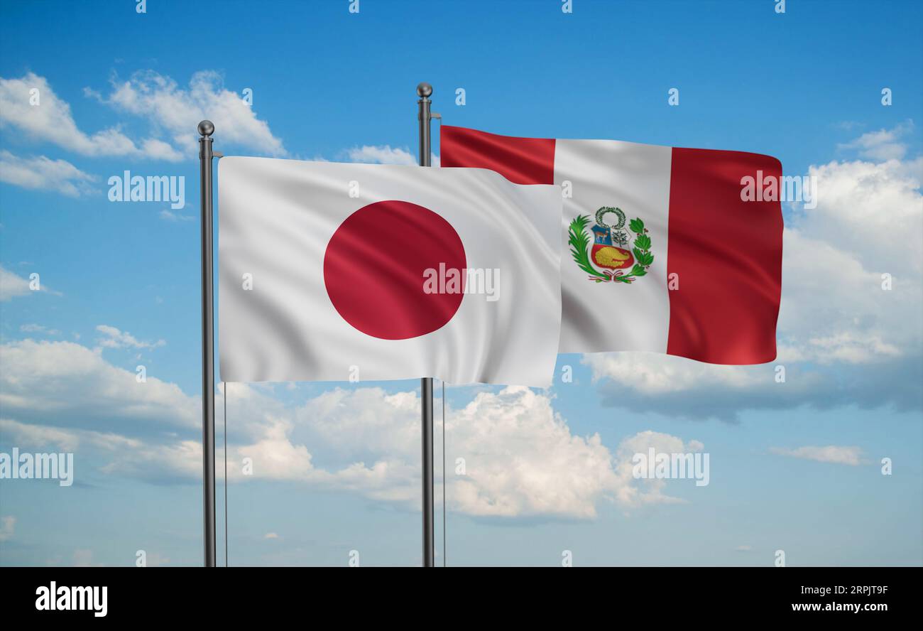Peru and Japan flag waving together in the wind on blue sky, two ...