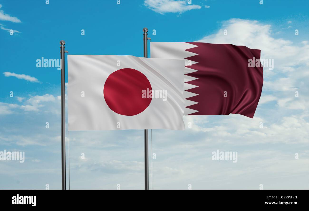 Qatar and Japan flag waving together in the wind on blue sky, two ...