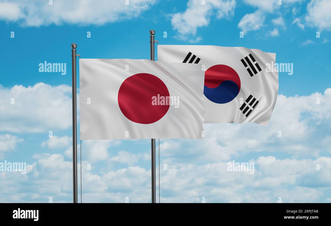 South Korea or Republic of Korea or ROK and Japan flag waving together ...