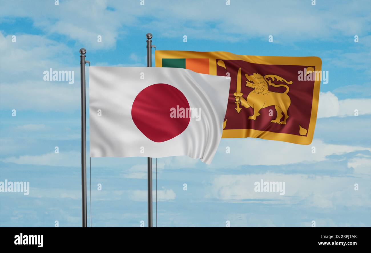 Sri Lanka and Japan flag waving together in the wind on blue sky, two ...