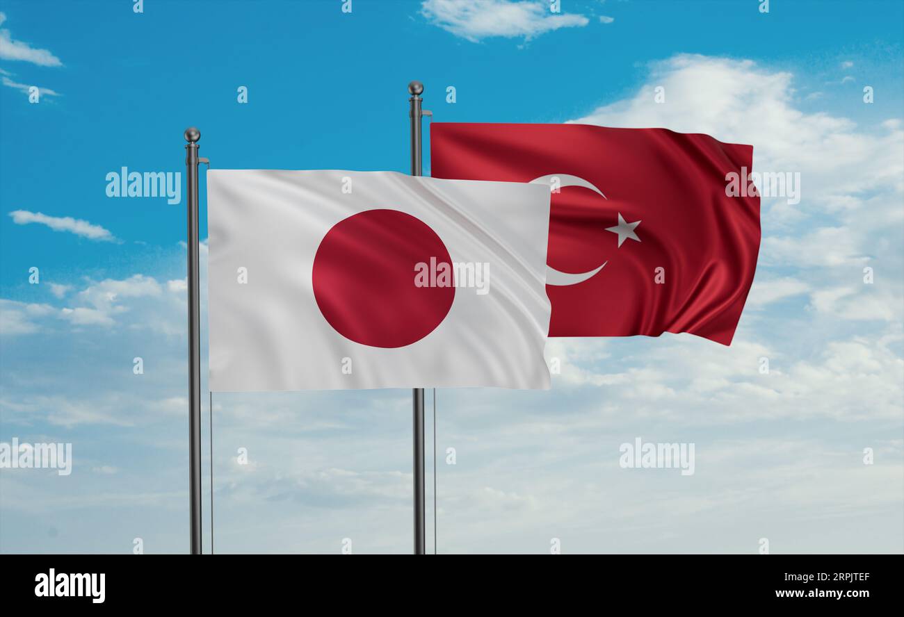 Republic of Turkey and Japan flag waving together in the wind on blue ...
