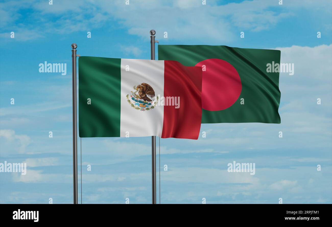 Bangladesh flag and Mexico flag waving together on blue sky, two ...