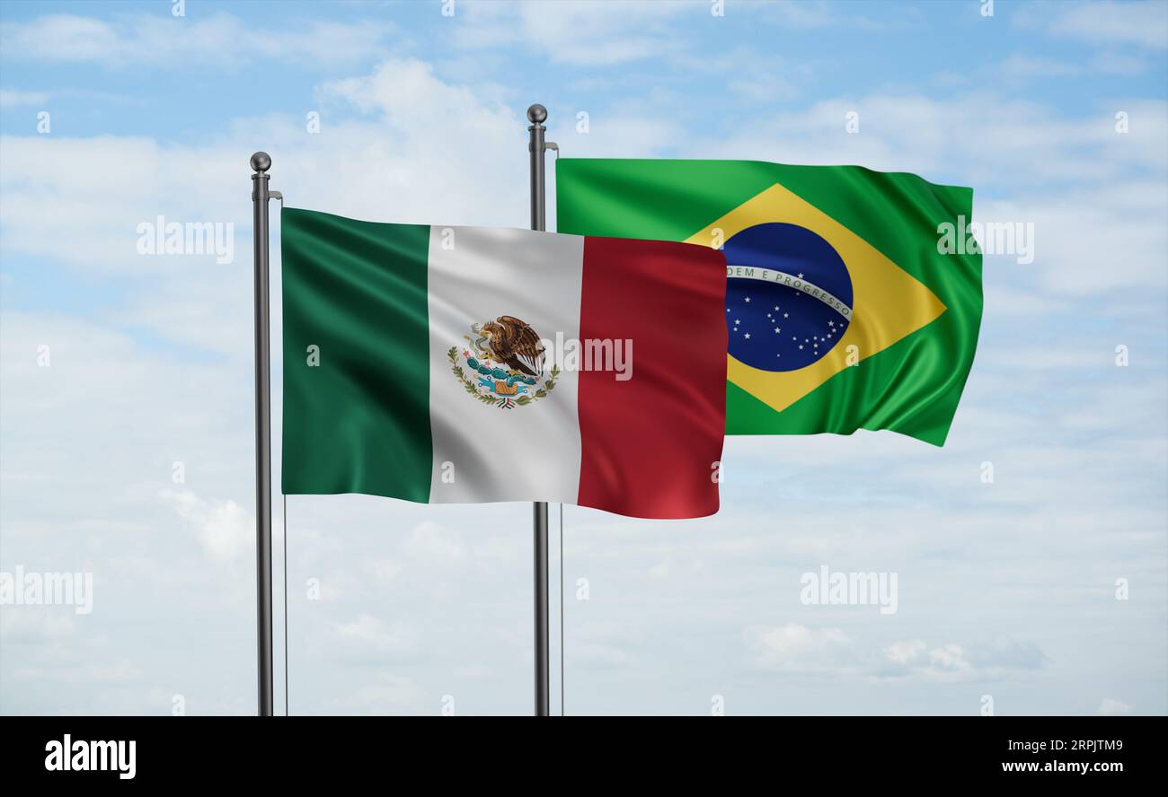 Brazil flag and Mexico flag waving together on blue sky, two country ...