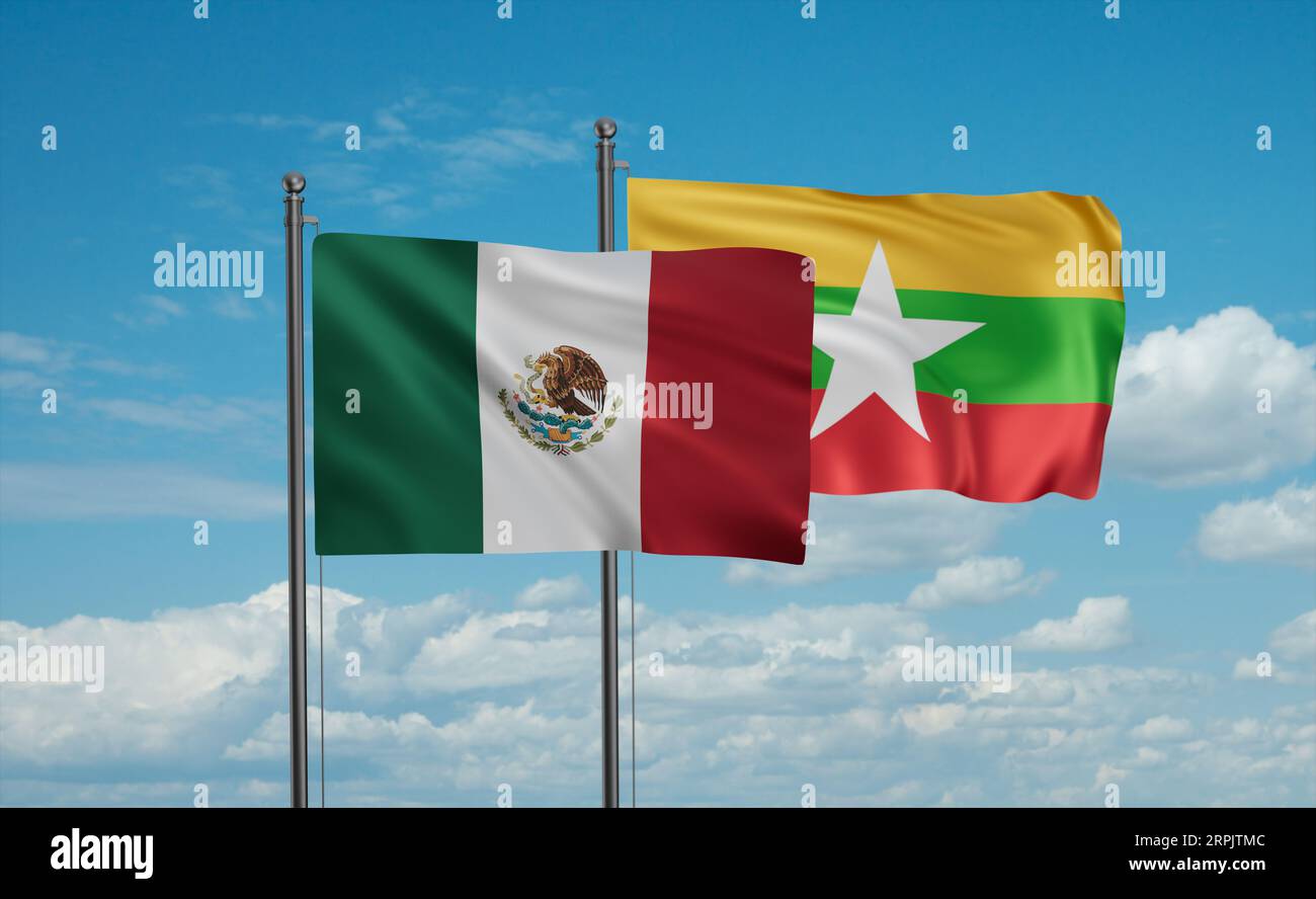 Myanmar aka Burma flag and Mexico flag waving together on blue sky, two ...