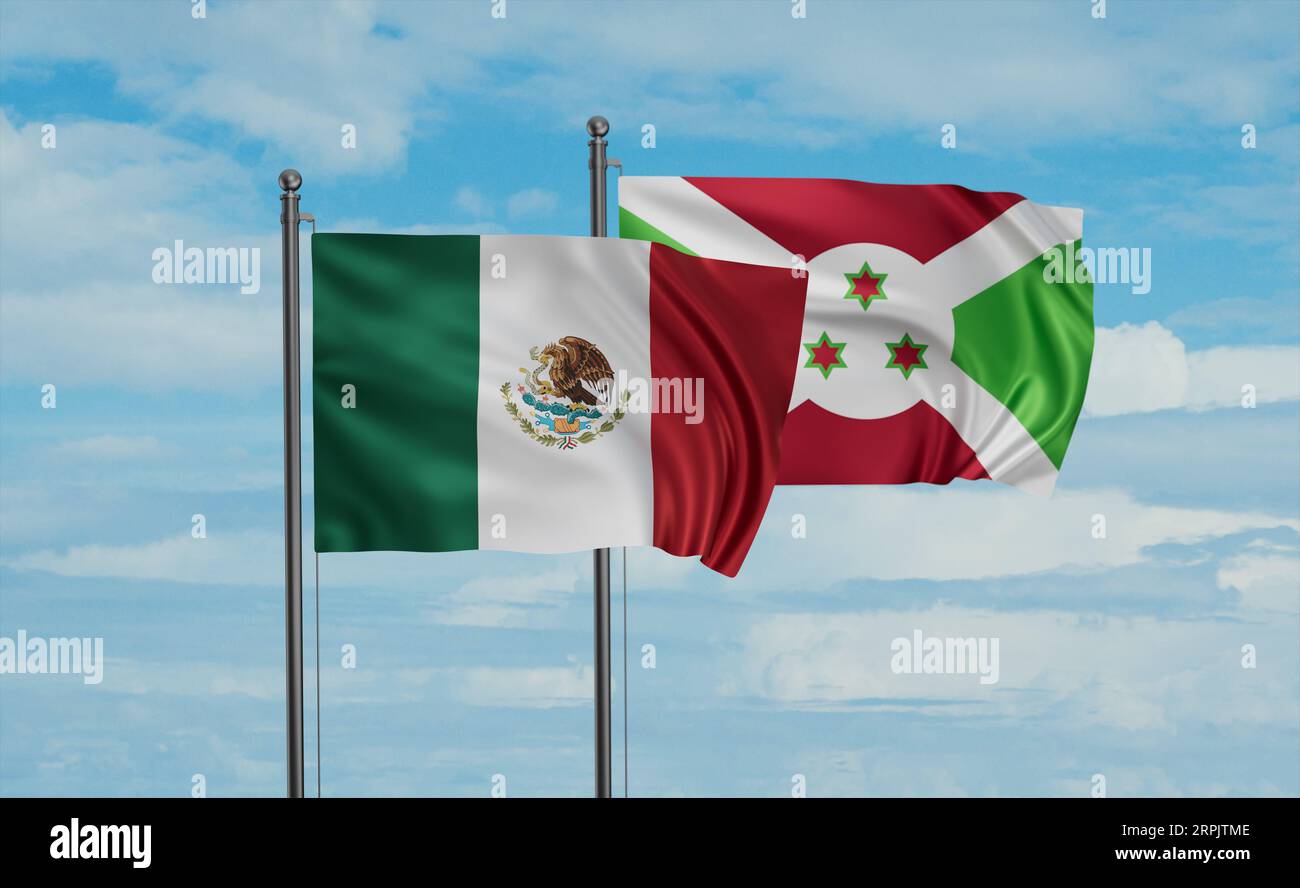 Burundi flag and Mexico flag waving together on blue sky, two country ...