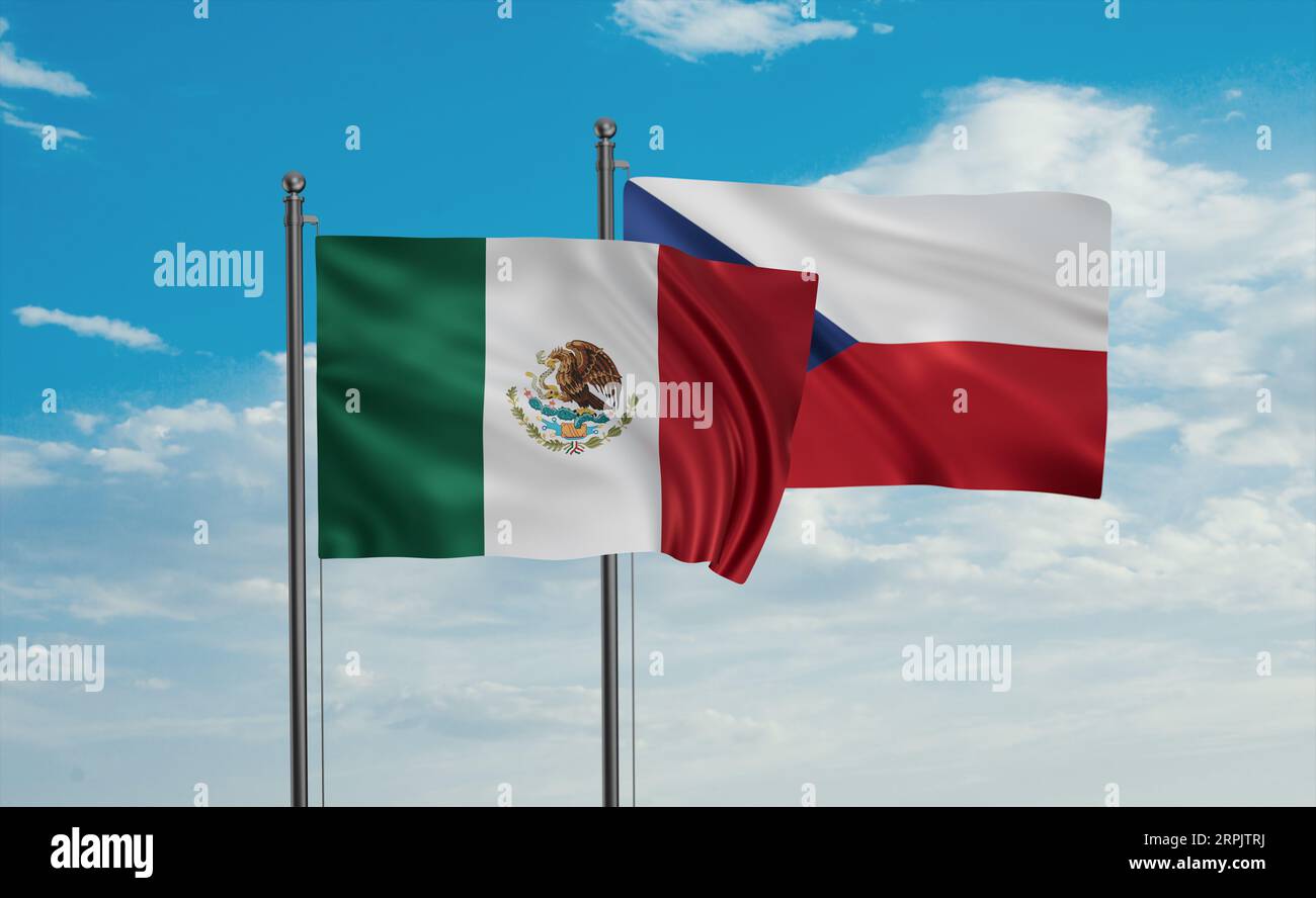 Czech Republic flag and Mexico flag waving together on blue sky, two ...